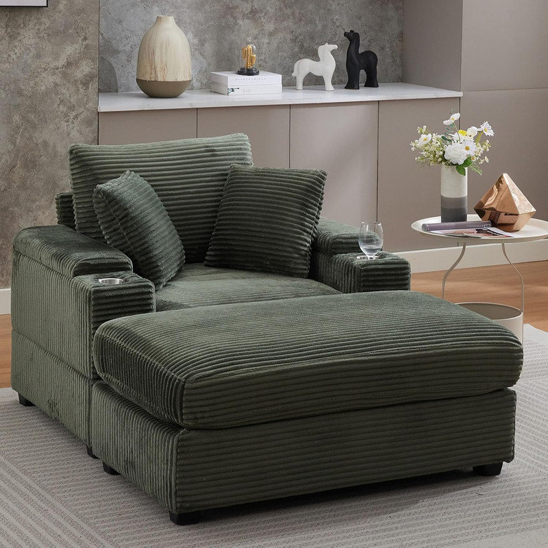 Ebern Designs Oversized Chaise Lounge Indoor with Movable Ottoman and Cupholders, Corduroy ...